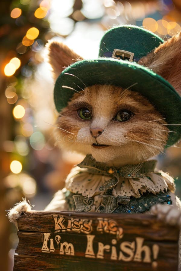 A Cat Dressed in a Green Hat Holding Up an Irish Sign, AI Stock ...