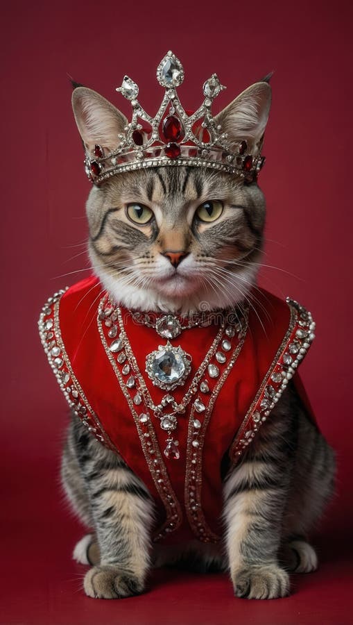 Cat Dressed in Regal Attire with Crown, Sitting Upright and Looking ...