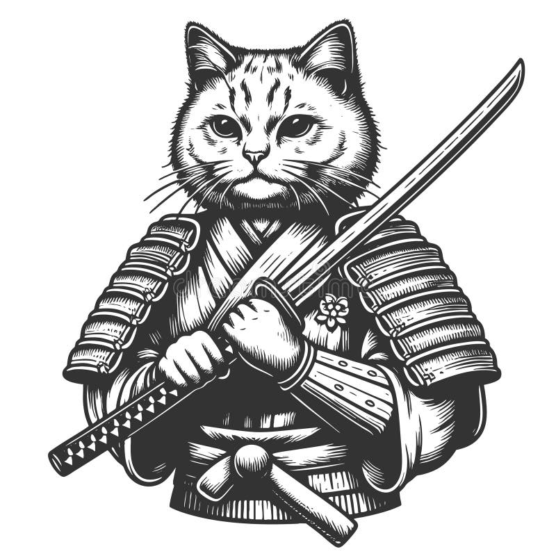 Samurai Cat with Katana Sword Vector Illustration Stock Vector ...