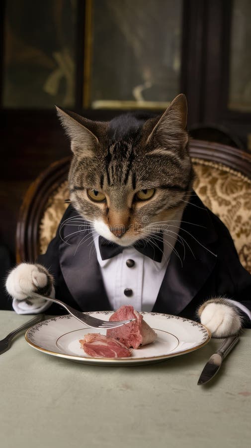 Cat Dressed in Tuxedo Seated at Table with Formal Dining Setup Stock ...