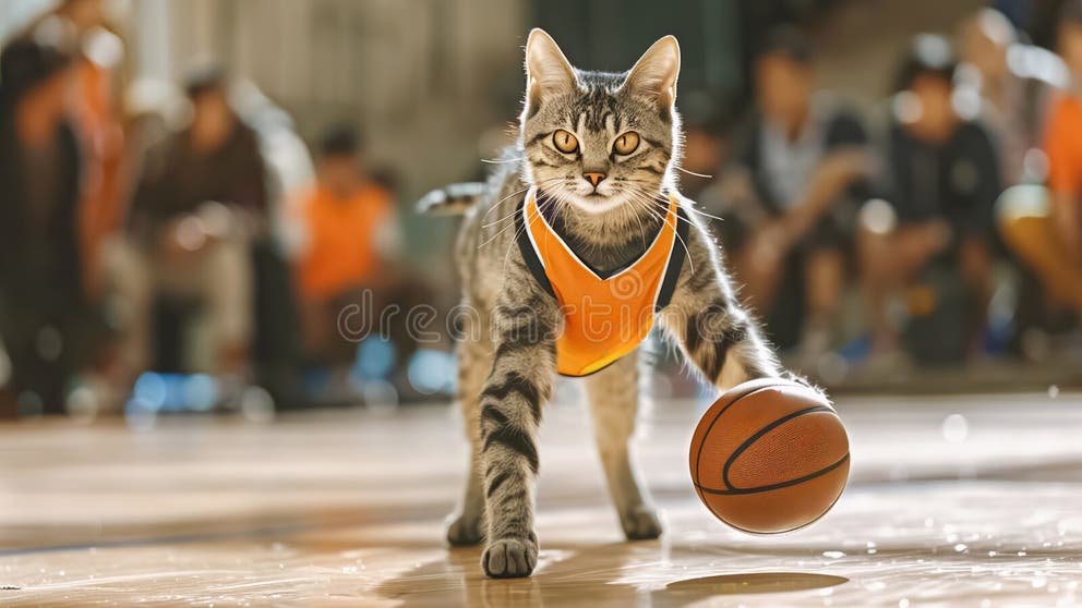 Cat Dribbling a Basketball in a Game with a Focused Expression Stock ...