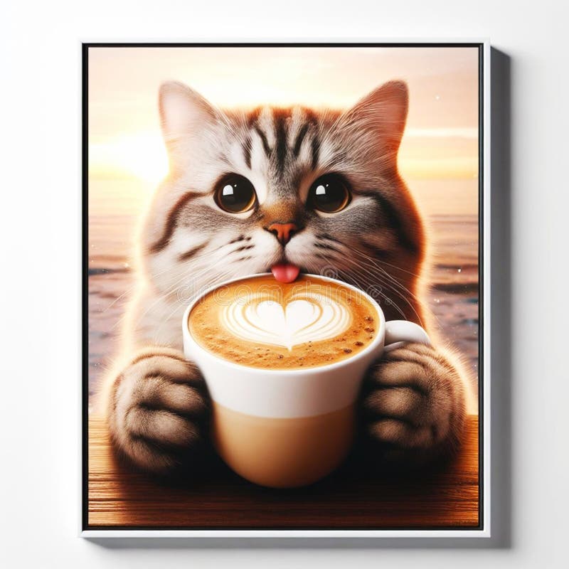 A Cat Drinking a Latte with Heart-shaped Stock Image - Image of ...