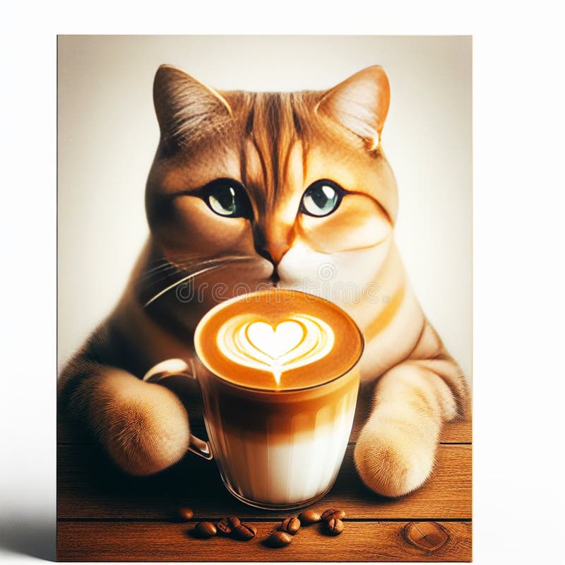 A Cat Drinking a Latte with Heart-shaped Stock Image - Image of ...