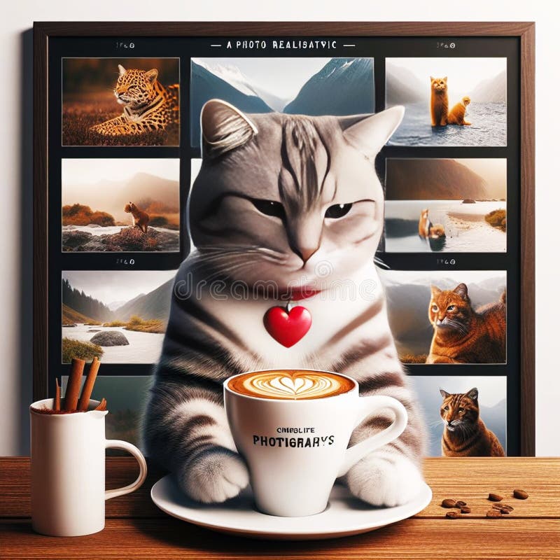 A Cat Drinking a Latte with Heart-shaped Stock Image - Image of white ...