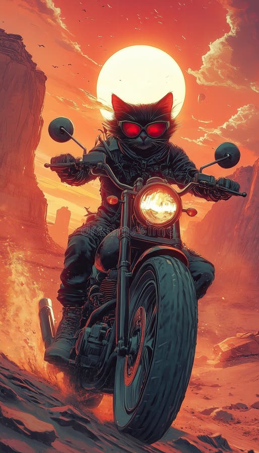 Cat Riding a Chopper in Monument Valley Desert at Sunset Stock ...