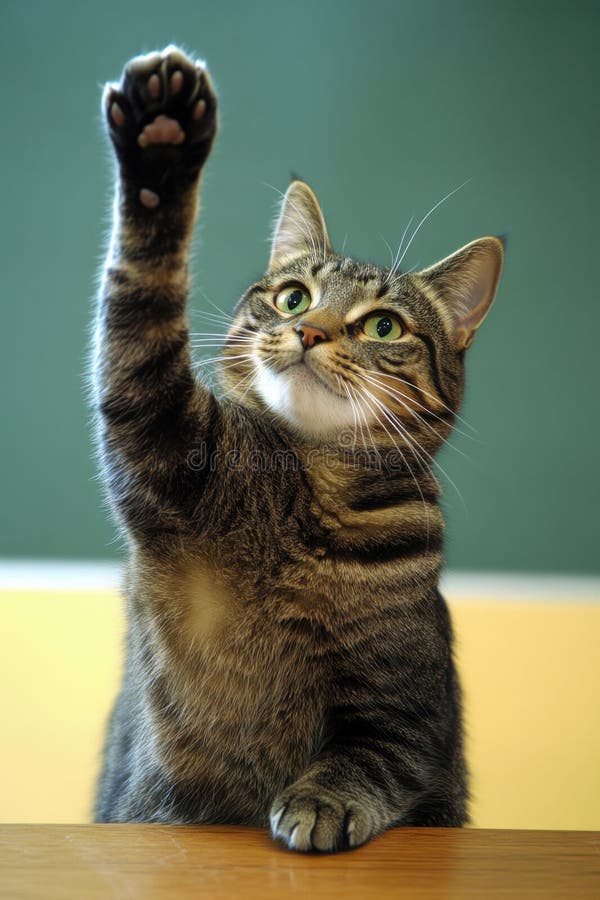Cat Eager To Answer a Question in Classroom Setting, Raising Paw High ...
