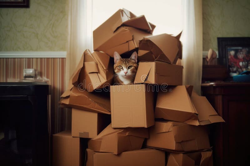 Cat Ears Poking Out from a Pile of Moving Boxes Stock Illustration ...