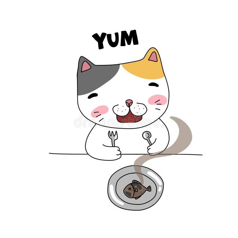 Cat Eating Fish Cartoon Illustration Stock Vector - Illustration of ...