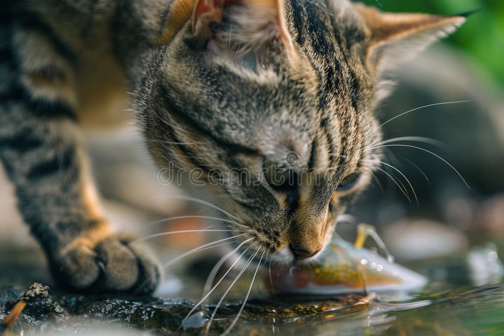 Cat Eating Freshly Caught Fish. Generative Ai Stock Photo - Image of ...