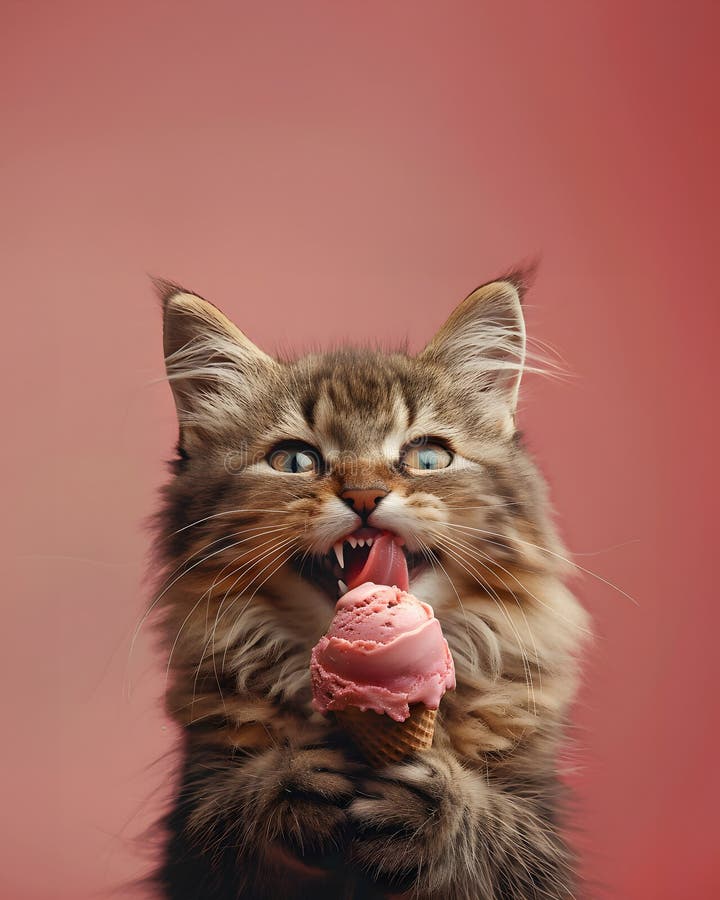 Cat Eating Ice Cream Cone. Generative by AI Stock Illustration ...