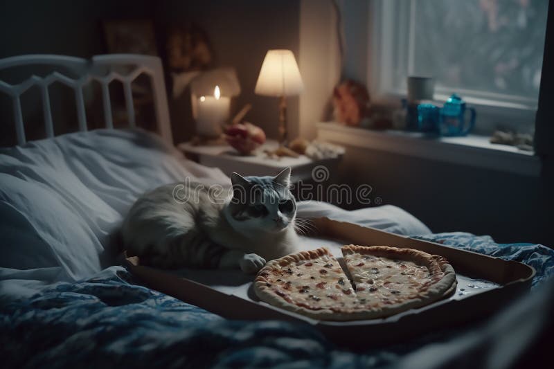 The Cat is Eating Pizza on the Bed. AI Generated Stock Illustration ...