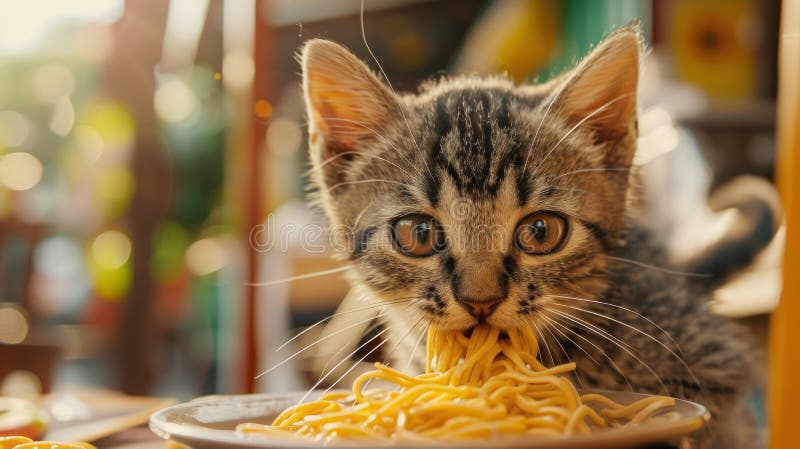 A Cat is Eating Spaghetti on a Plate Stock Image - Image of playful ...