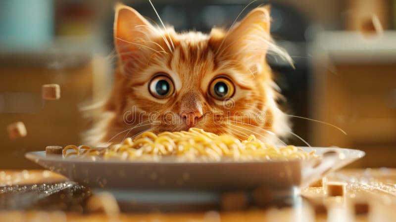 A Cat is Eating Spaghetti on a Plate Stock Photo - Image of kitty, food ...