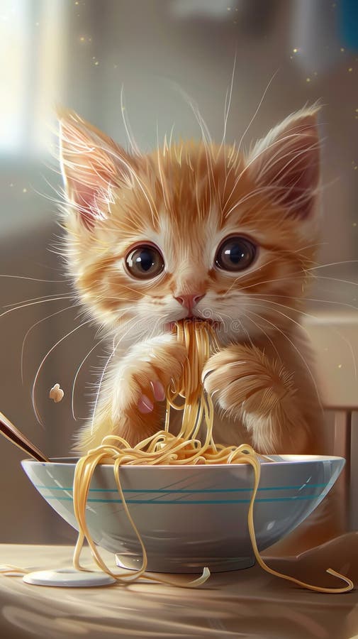 A Cat is Eating Spaghetti on a Plate Stock Image - Image of fluffy ...