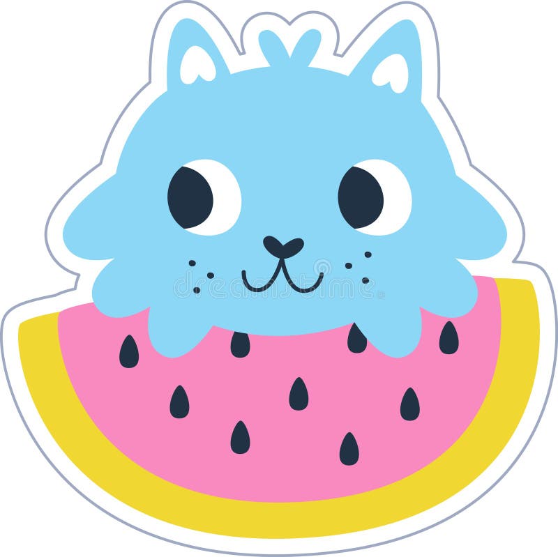 Cat Eating Watermelon Sticker Stock Illustration - Illustration of ...