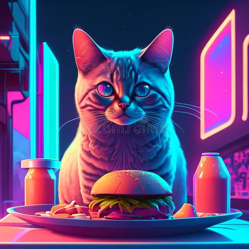 The Cat Eats a Hamburger in a Restaurant. 3d Illustration AI Generated ...