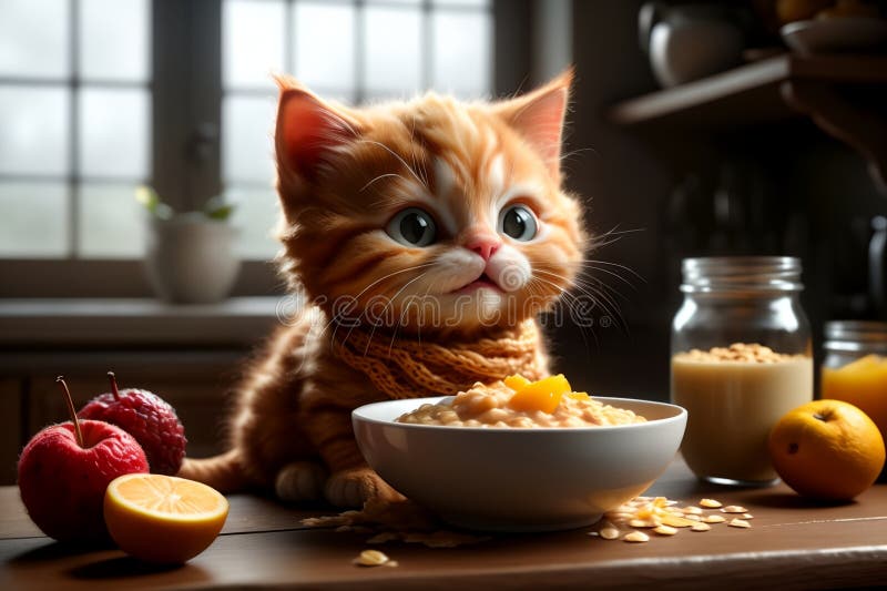 Cat Eats Oatmeal with Fruit Stock Photo - Image of animal, pleasure ...
