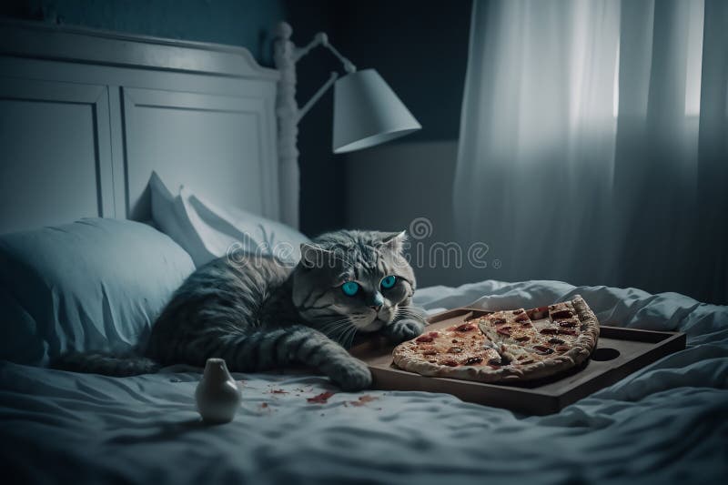 The Cat is Eating Pizza on the Bed. AI Generated Stock Illustration ...
