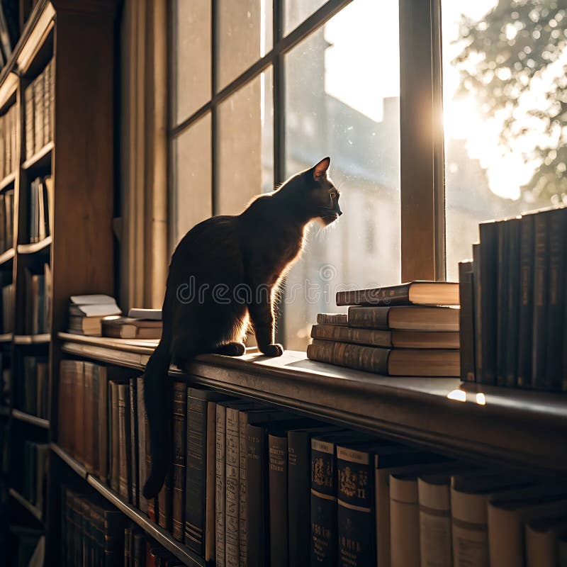 Cat Elegantly Perched on an Old Bookshelf Surrounded by Classic Books ...