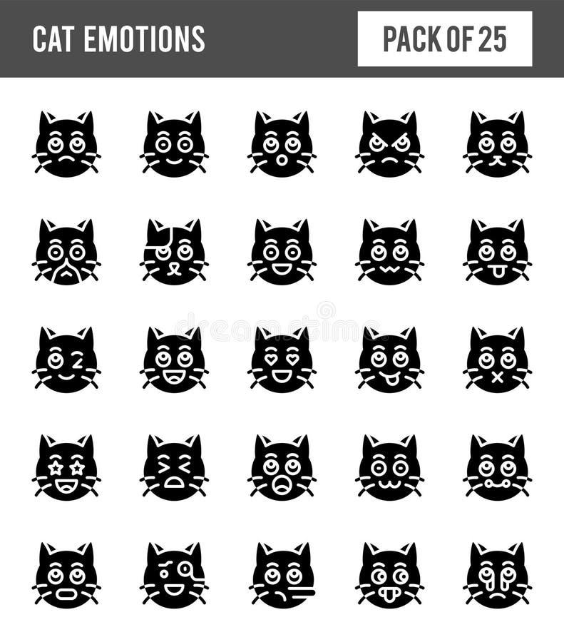 25 Cat Emotions Glyph Icon Pack. Vector Illustration Stock Vector ...