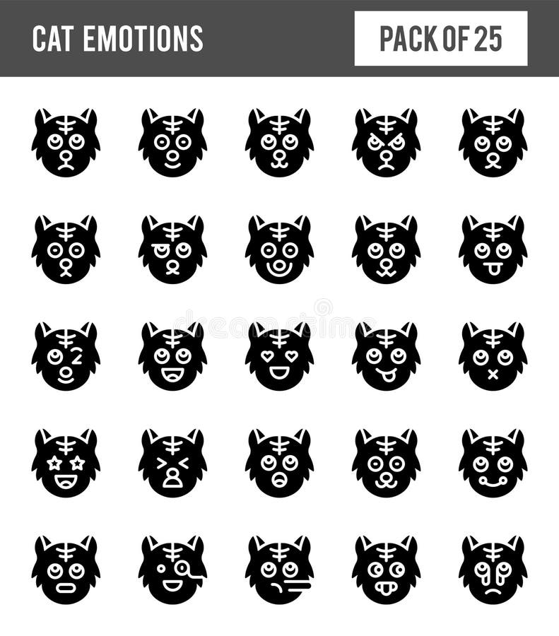25 Cat Emotions Glyph Icon Pack. Vector Illustration Stock Vector ...