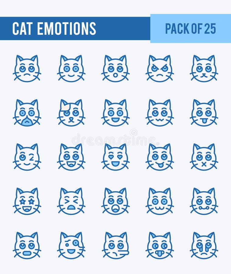 25 Cat Emotions. Two Color Icons Pack. Vector Illustration Stock Vector ...