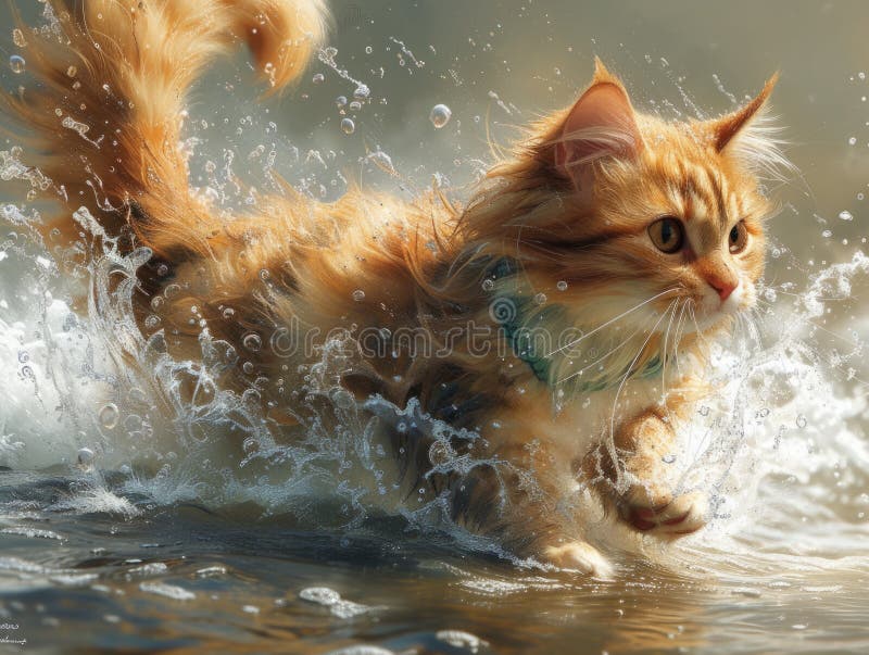 Cat Running through a Body of Water. Generative AI. Stock Photo - Image ...