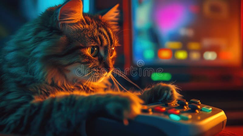 Cat Engaged in Gaming with Colorful Controller and Screen Background ...