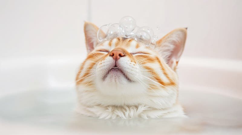 Cat Enjoy Taking Bath with Bubbles on His Head Stock Illustration ...