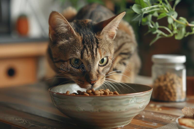 A Cat Enjoying a Bowl of Nutritious, Plant-based Cat Food Stock ...