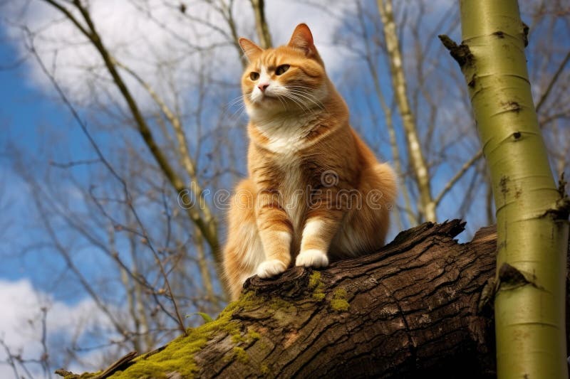 Cat Enjoying a High Vantage Point Atop a Tree Stock Photo - Image of ...
