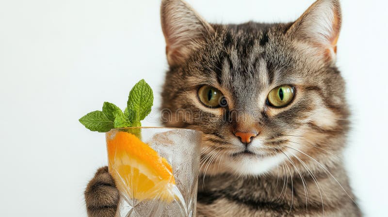 Cat Enjoying a Refreshing Citrus Drink with Mint Garnish Stock Image ...