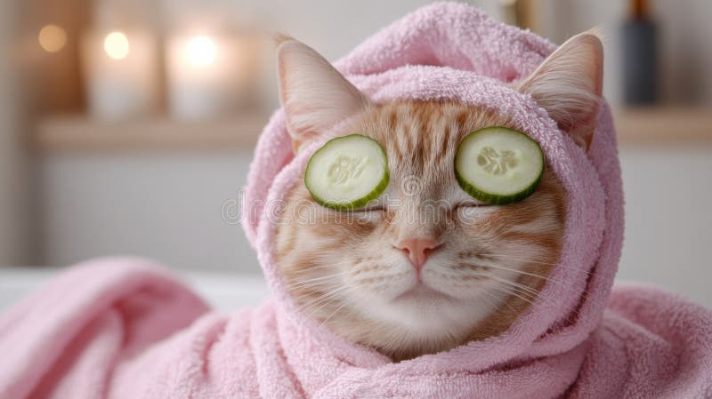 Cat Enjoys A Spa Day With Cucumber Slices And A Pink Towel Wrap Ai