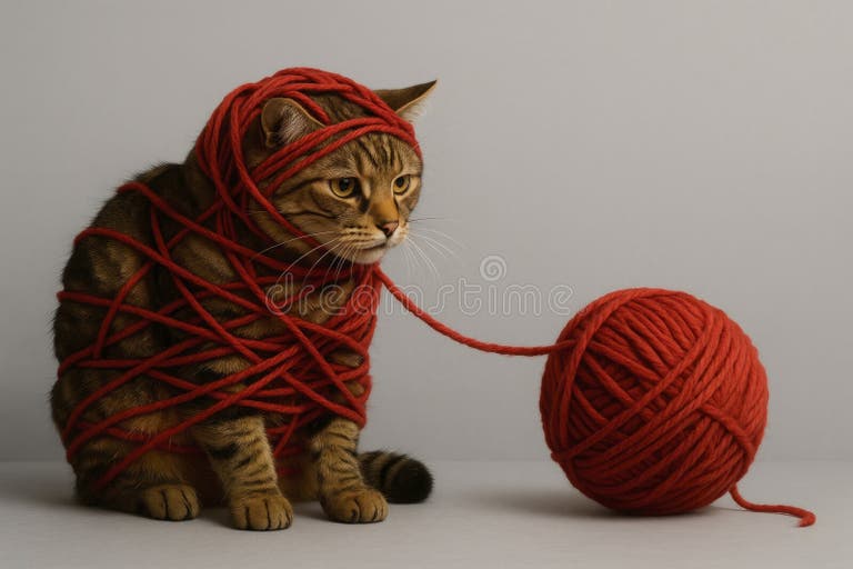 A Cat Entangled in Red Yarn. Stock Photo - Image of knitted, thread ...