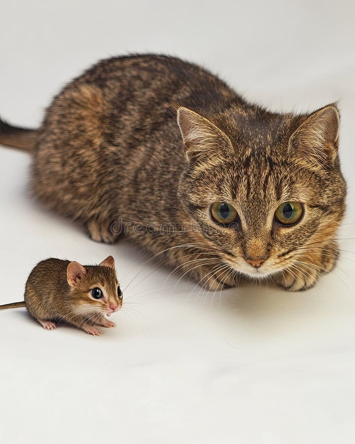 A Cat Examines a Small Mouse on a Plain Background during a Quiet ...