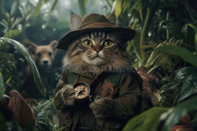 Cat Explorer Dressed As Adventurer Holds Compass in Lush Jungle ...