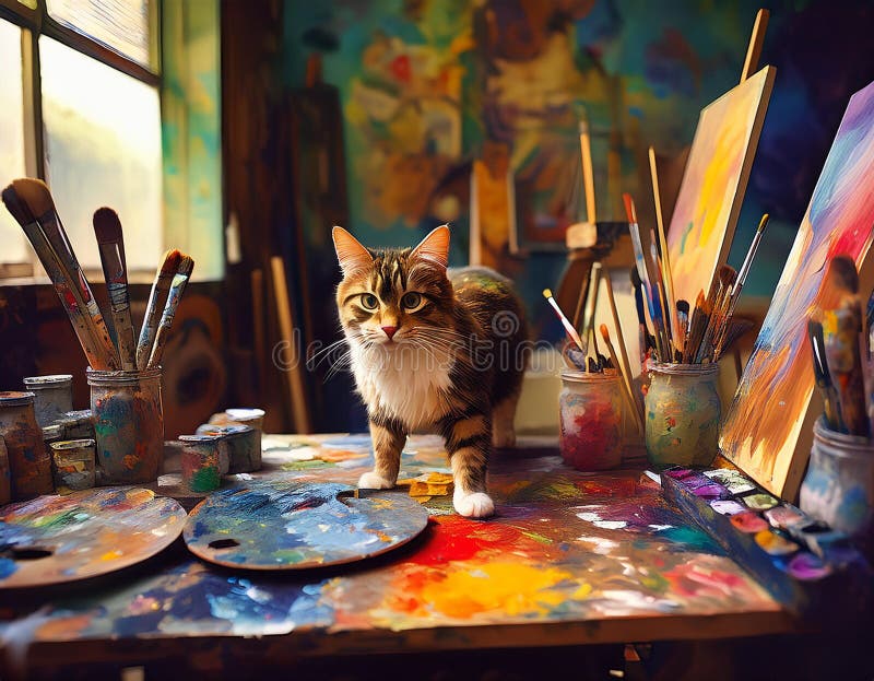 A Cat Exploring an Artist S Studio, Daintily Stepping Around Scattered ...