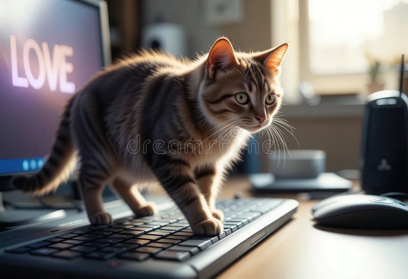 Cat Exploring Computer Keyboard while Sunlight Fills the Cozy Room ...