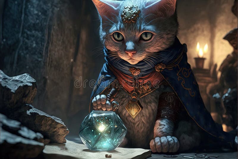 Cat Exploring a Dungeon Map in Search of Dragons Illustration ...