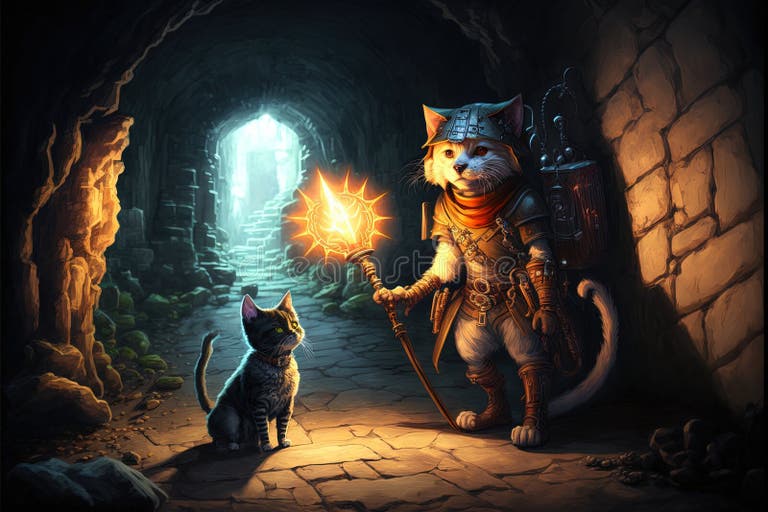 Cat Exploring a Dungeon in Search of Dragons Using a Torch Illustration Generative Ai Stock ...