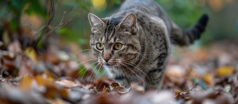 Cat Walking through Leaf Covered Forest Stock Photo - Image of ...