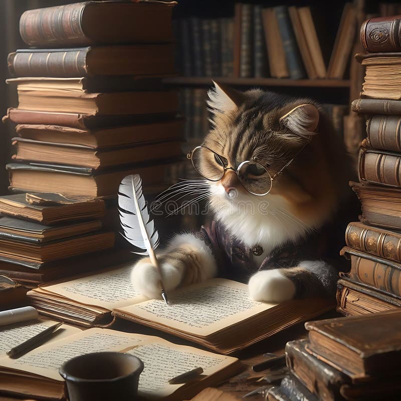 A Cat in Eyeglasses is Sitting at the Table in Library between Stacks ...