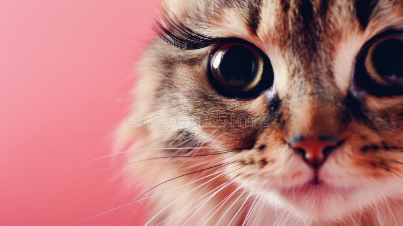 Cat Face with Long Eyelashes on a Pink Background with Free Space Stock ...