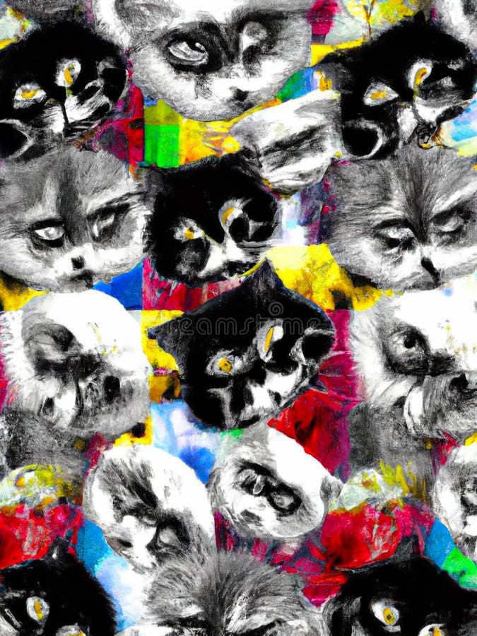 Cat Faces, Colours Abstract Background Collage – Digital Illustration ...