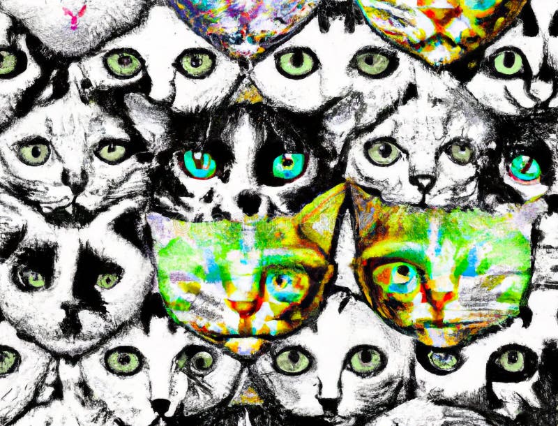 Cat Faces, Colours Abstract Background Collage – Digital Illustration ...