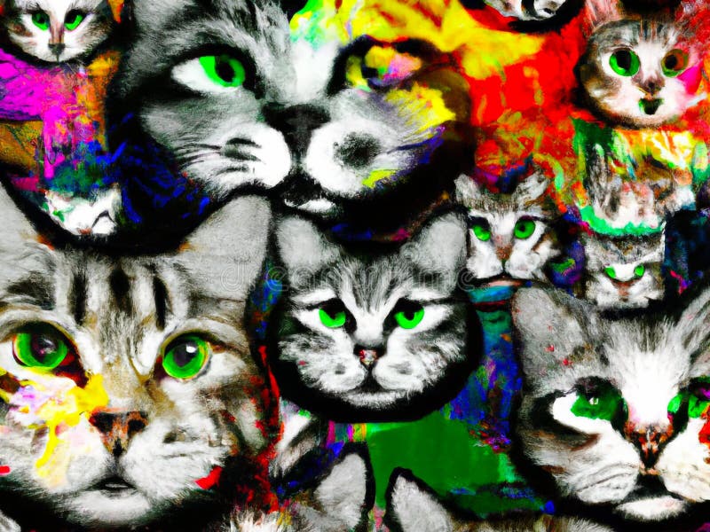 Cat Faces, Colours Abstract Background Collage – Digital Illustration ...