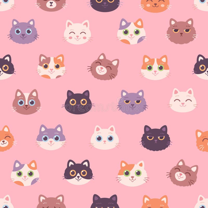 Cat Faces Seamless Pattern. Cat Characters with Different Emotions and ...