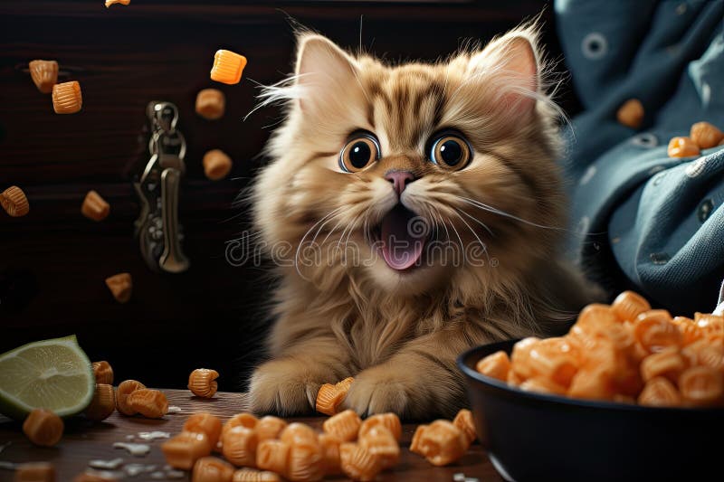 Cat with falling food stock image. Image of indoors - 296091555