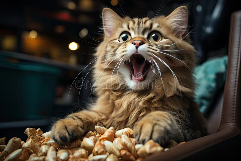 Cat with falling food stock image. Image of animal, striped - 299060663