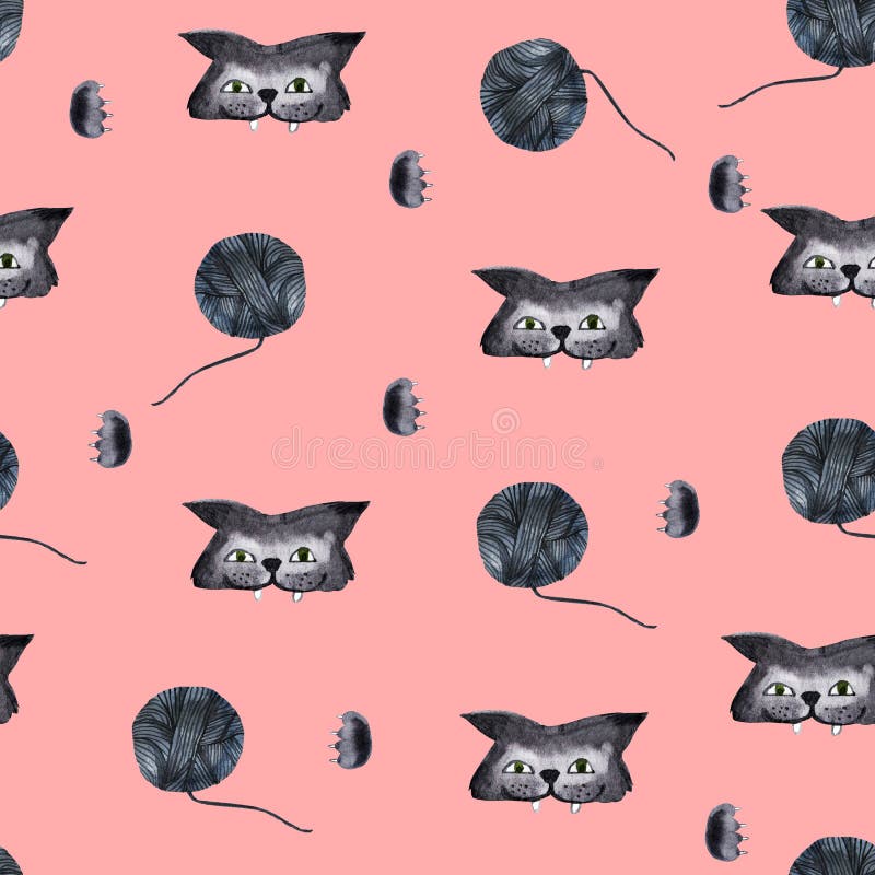 Cat with Fangs, Ball of Thread Watercolor Seamless Pattern Stock ...